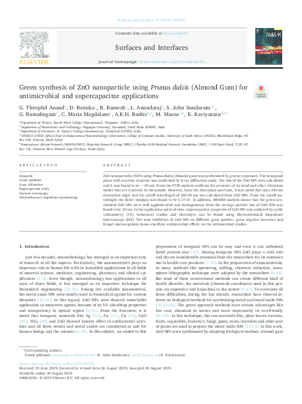 (PDF) Green synthesis of ZnO nanoparticle using Prunus dulcis (Almond Gum) for antimicrobial and ...