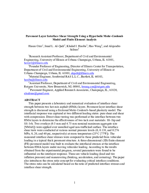 (PDF) Pavement Layer Interface Shear Strength Using a Hyperbolic Mohr-Coulomb Model and Finite ...