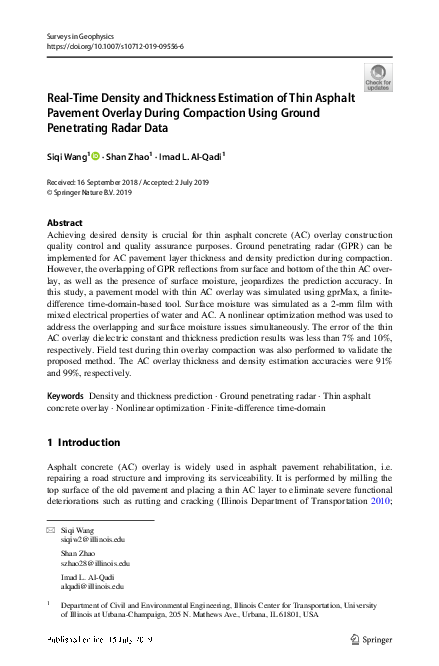 Pdf Real Time Density And Thickness Estimation Of Thin Asphalt Pavement Overlay During