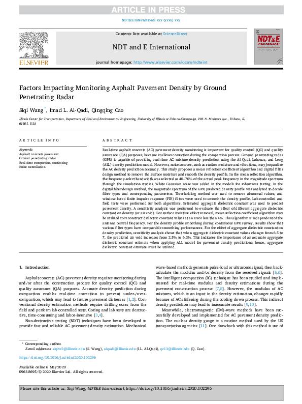 (PDF) NDT&E International xxx (xxxx) xxx Factors Impacting Monitoring Asphalt Pavement Density ...