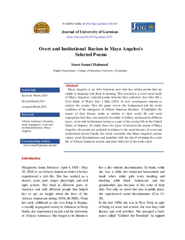 (PDF) Overt and Institutional Racism in Maya Angelou's Selected Poems