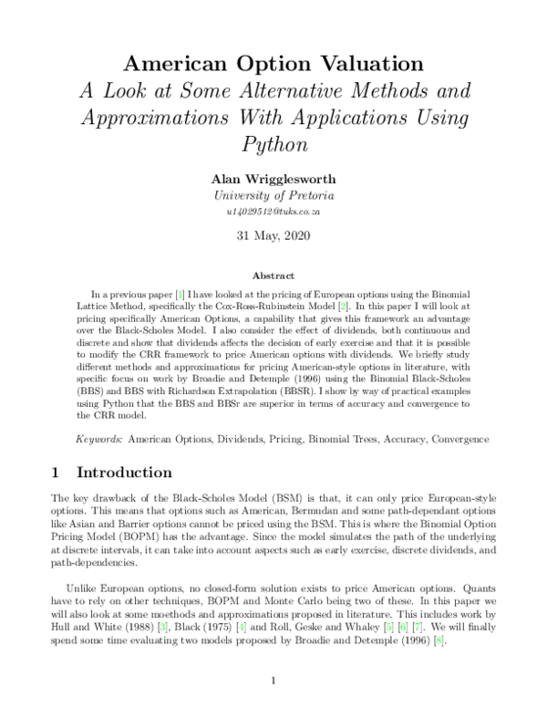 (PDF) American Option Valuation - A Look at Some Alternative Methods ...