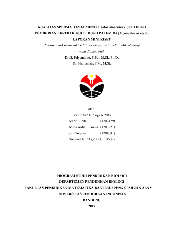 (PDF) KUALITAS SPERMATOZOA MENCIT (Mus musculus L.) SETELAH PEMBERIAN ...