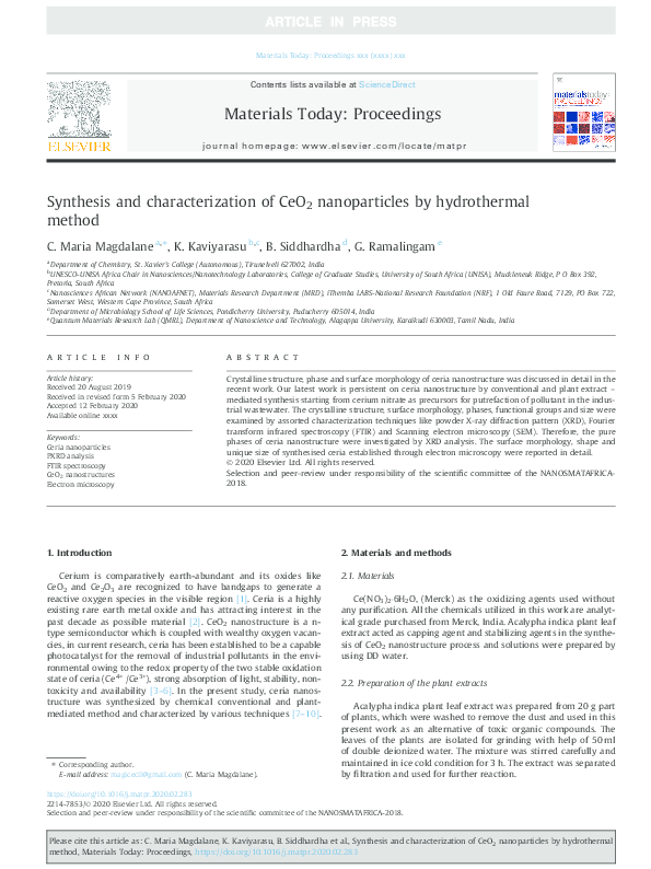 (PDF) Synthesis and characterization of CeO2 nanoparticles by ...