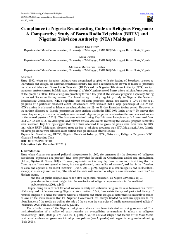 (PDF) Compliance to Nigeria Broadcasting Code on Religious Programs: A Comparative Study of ...