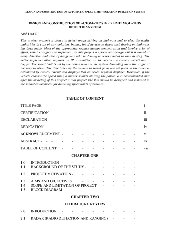 (PDF) DESIGN AND CONSTRUCTION OF AUTOMATIC SPEED LIMIT VIOLATION DETECTION SYSTEM i DESIGN AND ...