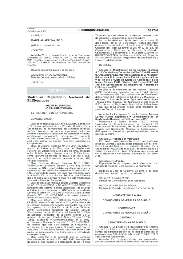 (PDF) Modifican A.010, EM.030,E.010 e incorporación de CE.030 DS N° 005 2014 VIVIENDA | YURI ...