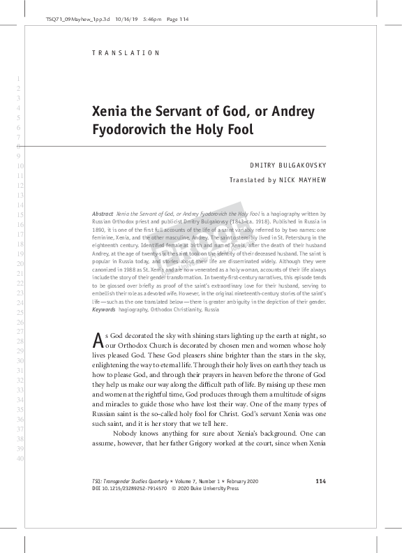 (PDF) Xenia the Servant of God, or Andrey Fyodorovich the Holy Fool ...