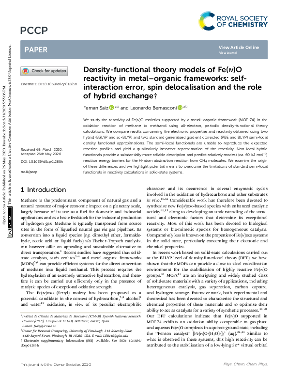 Pdf Density Functional Theory Models Of Fe Iv O Reactivity In Metal Organic Frameworks Self