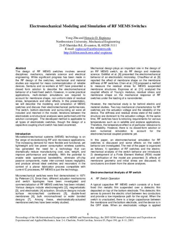 (PDF) Electromechanical Modeling and Simulation of RF MEMS Switch