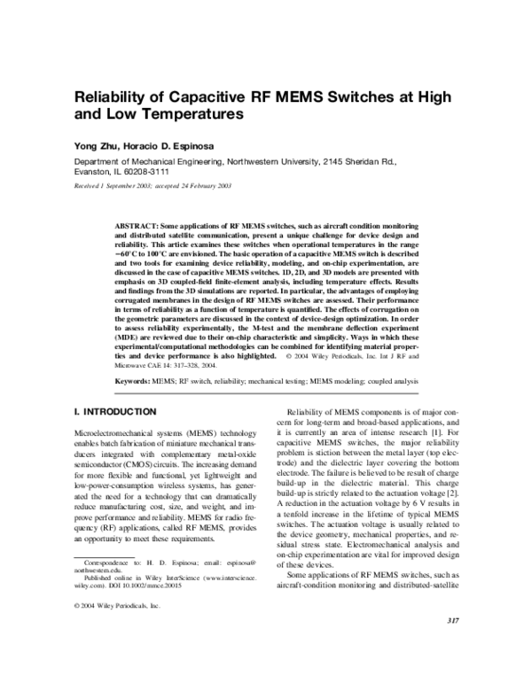 (PDF) Reliability of Capacitive RF MEMS Switches at High and Low ...