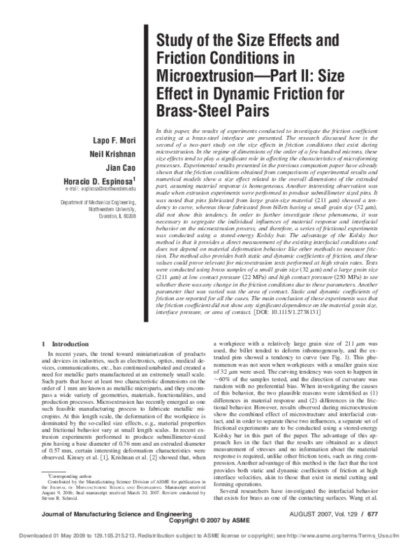 (PDF) Study of the Size Effects and Friction Conditions in ...