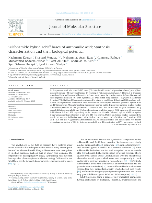(PDF) Sulfonamide hybrid schiff bases of anthranilic acid: Synthesis, characterization and their ...