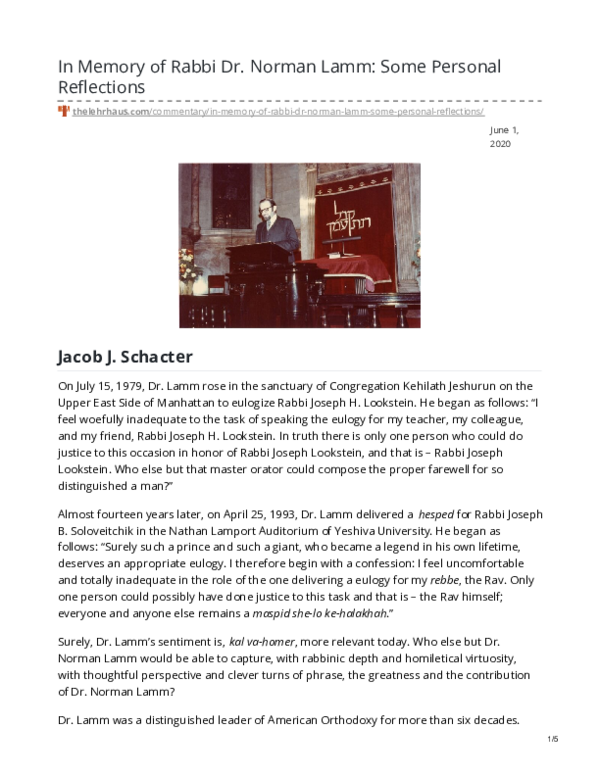 (PDF) Jacob J. Schacter, “In Memory of Rabbi Dr. Norman Lamm: Some Personal Reflections,” The ...