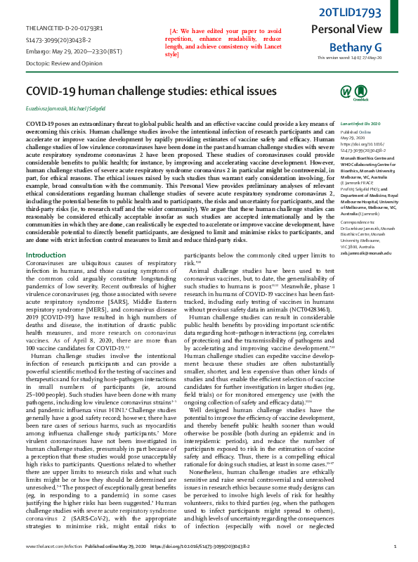 (PDF) COVID-19 human challenge studies: ethical issues