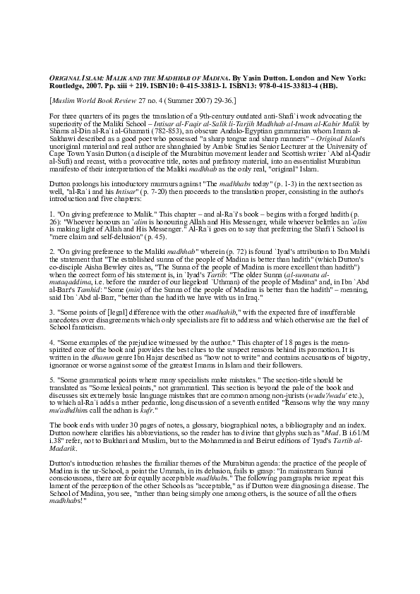 (PDF) Review of Yasin Dutton's Original Islam: Malik and the Madhhab of ...