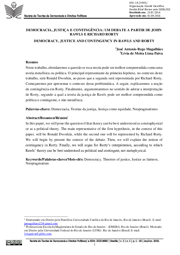(PDF) DEMOCRACIA, JUSTIÇA E CONTINGÊNCIA: UM DEBATE A PARTIR DE JOHN ...