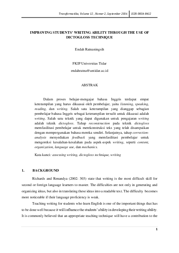 (PDF) IMPROVING STUDENTS' WRITING ABILITY THROUGH THE USE OF DICTOGLOSS TECHNIQUE