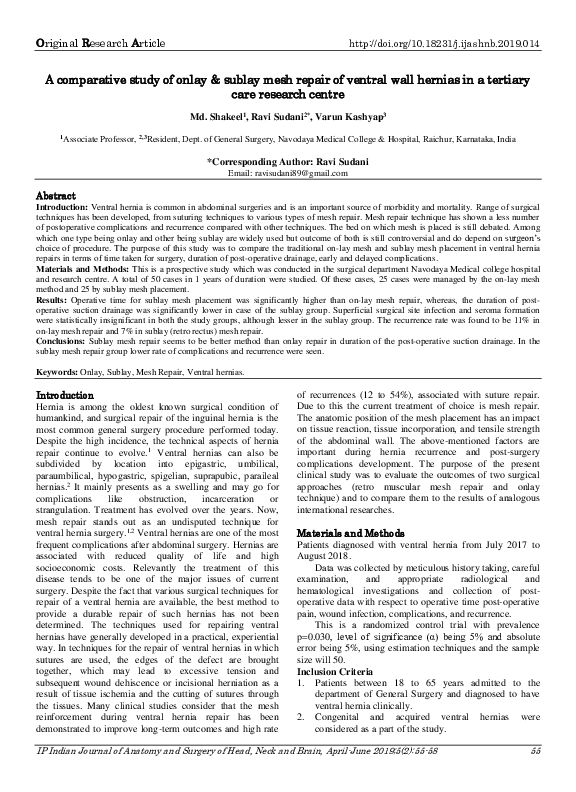 (PDF) A comparative study of onlay & sublay mesh repair of ventral wall ...