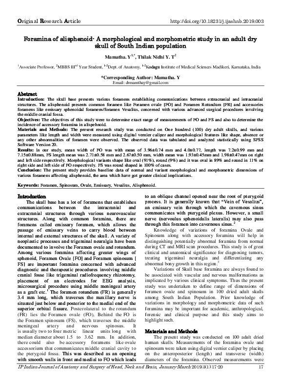 (PDF) Foramina of alisphenoid-A morphological and morphometric study in ...