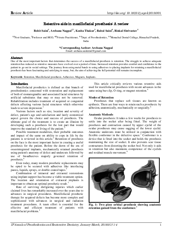(PDF) Retentive aids in maxillofacial prosthesis: A review