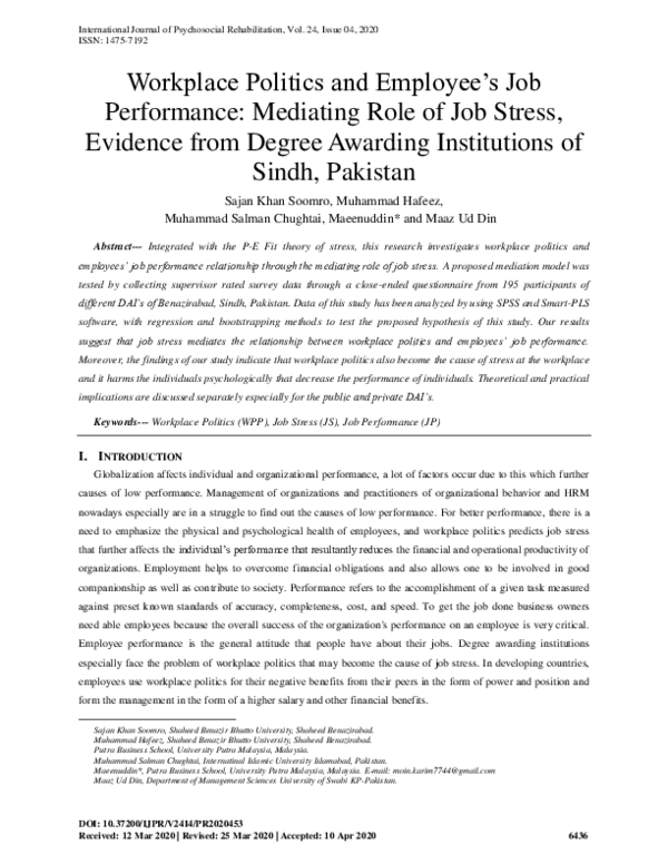 (PDF) Workplace Politics and Employee’s Job Performance