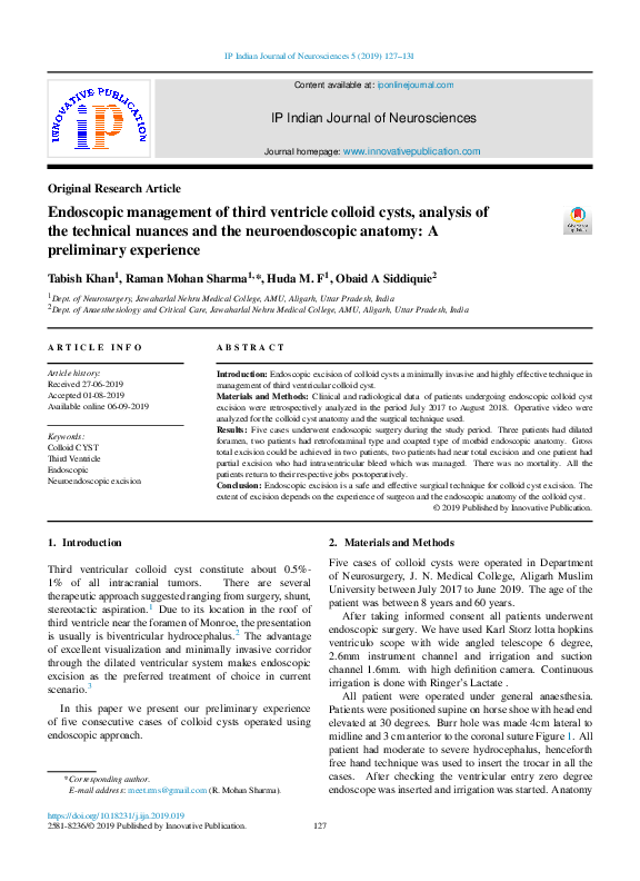 (PDF) Endoscopic Transcortical Transventricular Colloid Cyst Excision ...