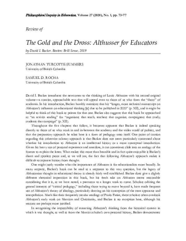 (PDF) Review of The Gold and the Dross: Althusser for Educators