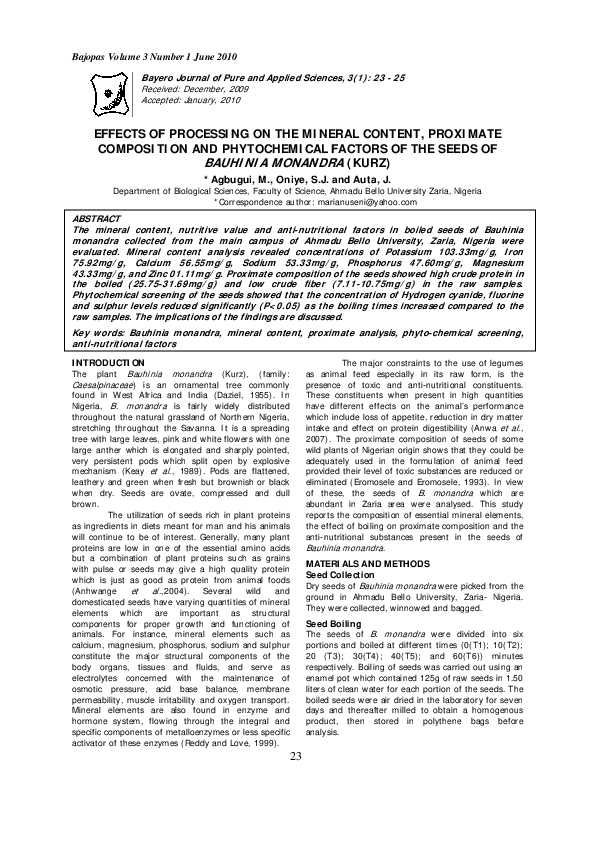 (PDF) EFFECTS OF PROCESSING ON THE MINERAL CONTENT, PROXIMATE COMPOSITION AND PHYTOCHEMICAL ...
