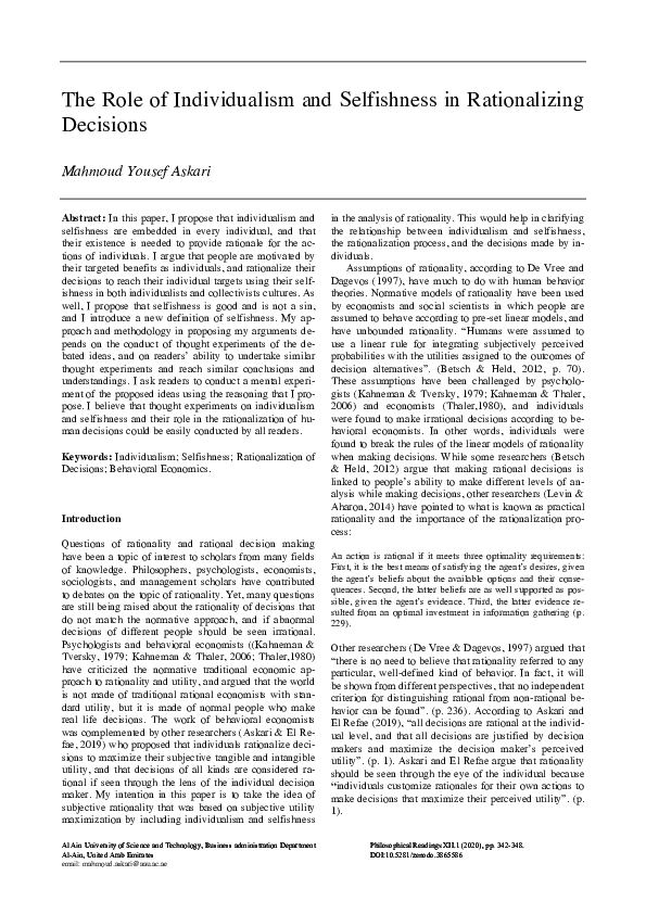 (PDF) The Role of Individualism and Selfishness in Rationalizing Decisions
