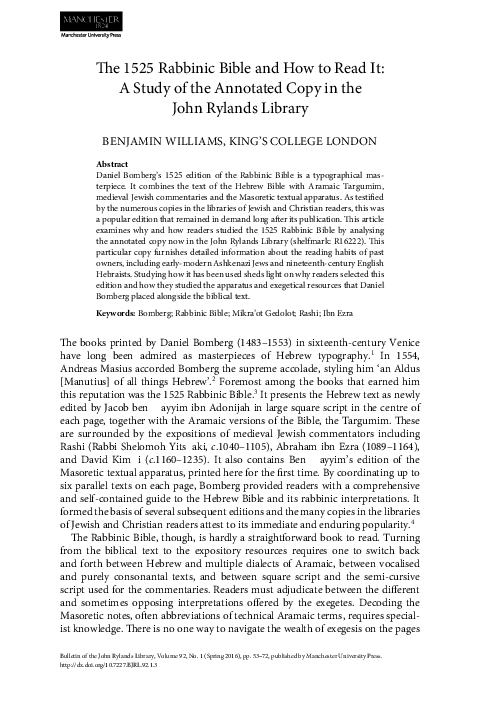 (PDF) The 1525 Rabbinic Bible and How to Read It: A Study of the ...