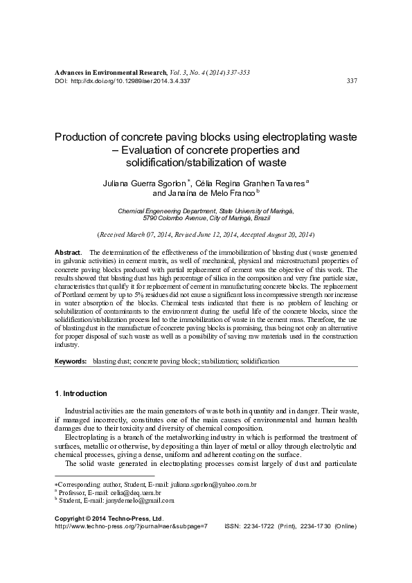 (PDF) Production of concrete paving blocks using electroplating waste -Evaluation of concrete ...
