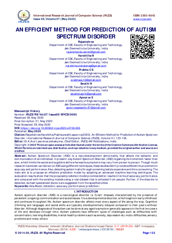 (PDF) AN EFFICIENT METHOD FOR PREDICTION OF AUTISM SPECTRUM DISORDER
