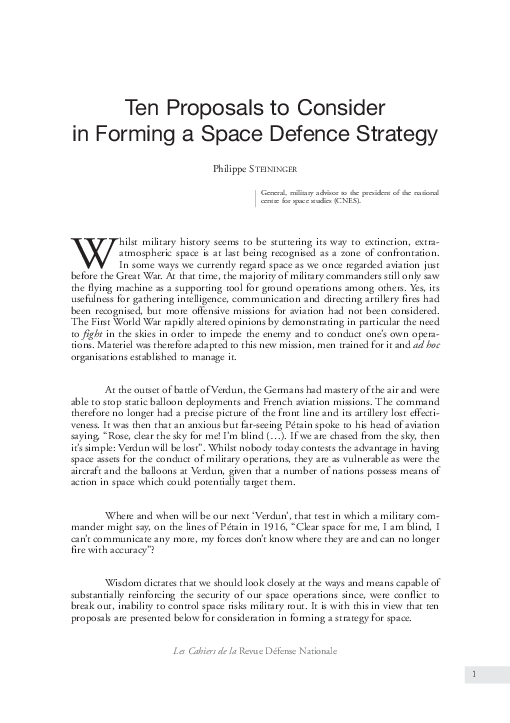 (PDF) Ten Proposals to Consider in Forming a Space Defence Strategy