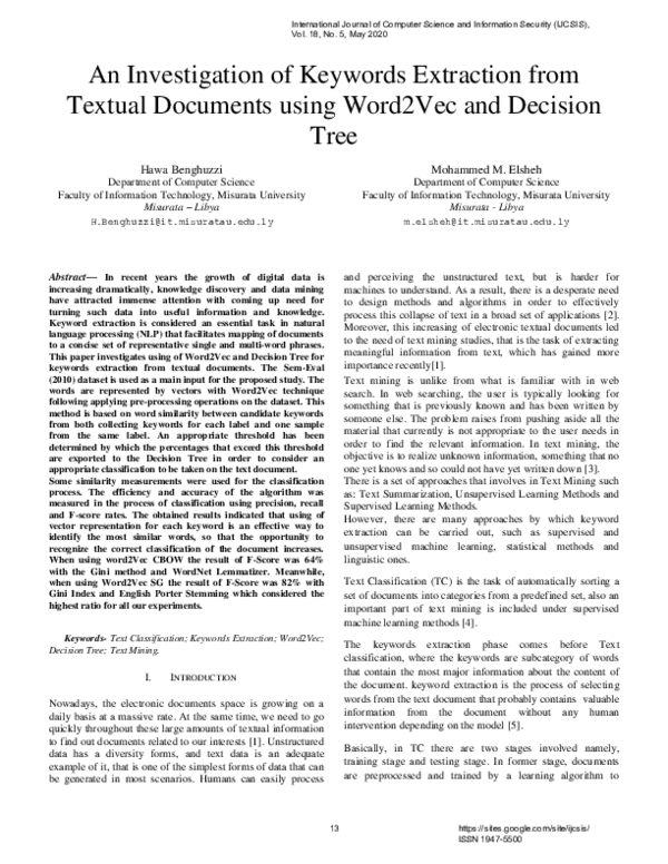 Pdf An Investigation Of Keywords Extraction From Textual Documents Using Word2vec And Decision