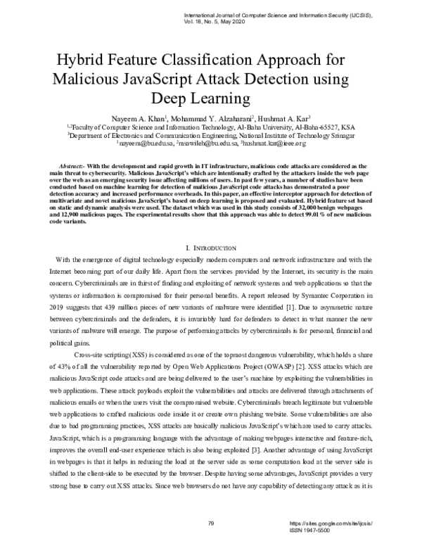 Pdf Hybrid Feature Classification Approach For Malicious Javascript Attack Detection Using