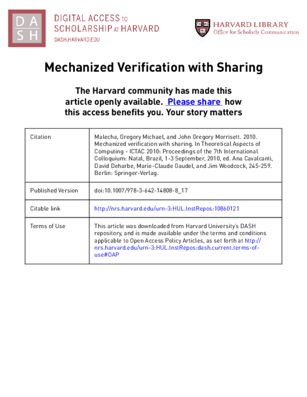 (PDF) Mechanized Verification with Sharing | Gregory Malecha - Academia.edu