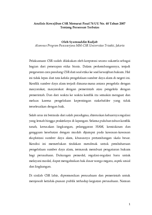 (PDF) Analisis Kewajiban CSR Menurut Pasal 74 UU No 40 Tahun 2007 ...