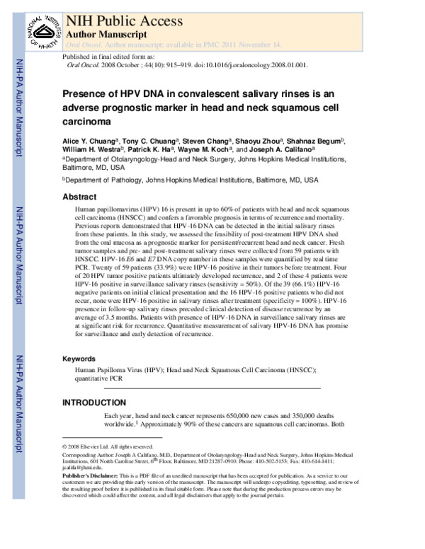 (PDF) Presence of HPV DNA in convalescent salivary rinses is an adverse prognostic marker in ...