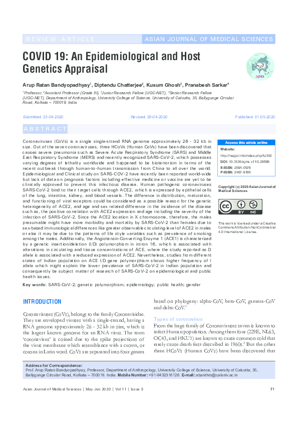 (PDF) COVID 19: An Epidemiological and Host Genetics Appraisal