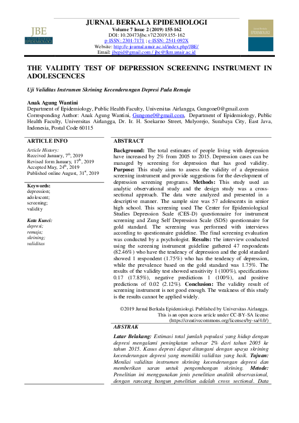 (PDF) THE VALIDITY TEST OF DEPRESSION SCREENING INSTRUMENT IN ADOLESCENCES