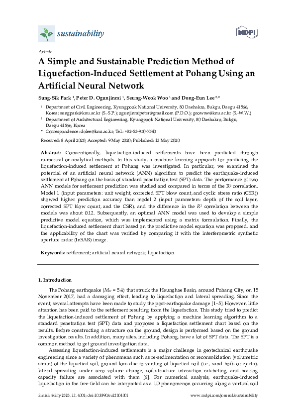 A Simple and Sustainable Prediction Method of Liquefaction-Induced Settlement at Pohang Using an ...
