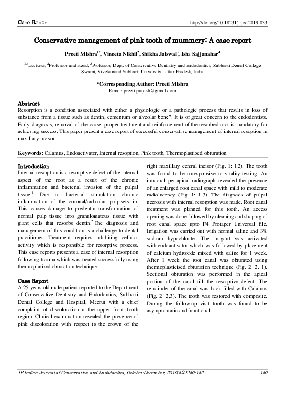 (PDF) Conservative management of pink tooth of mummery: A case report