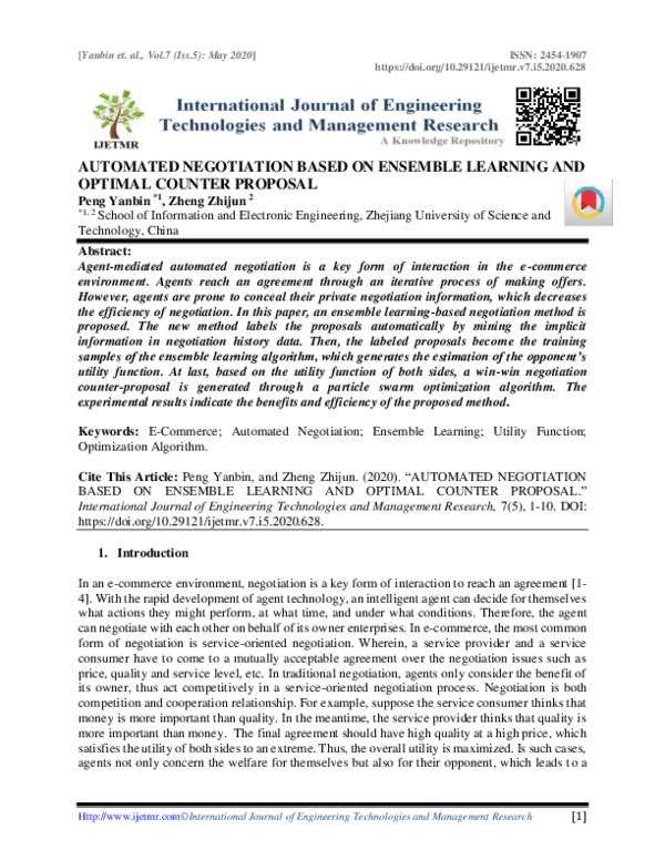 (PDF) AUTOMATED NEGOTIATION BASED ON ENSEMBLE LEARNING AND OPTIMAL COUNTER PROPOSAL