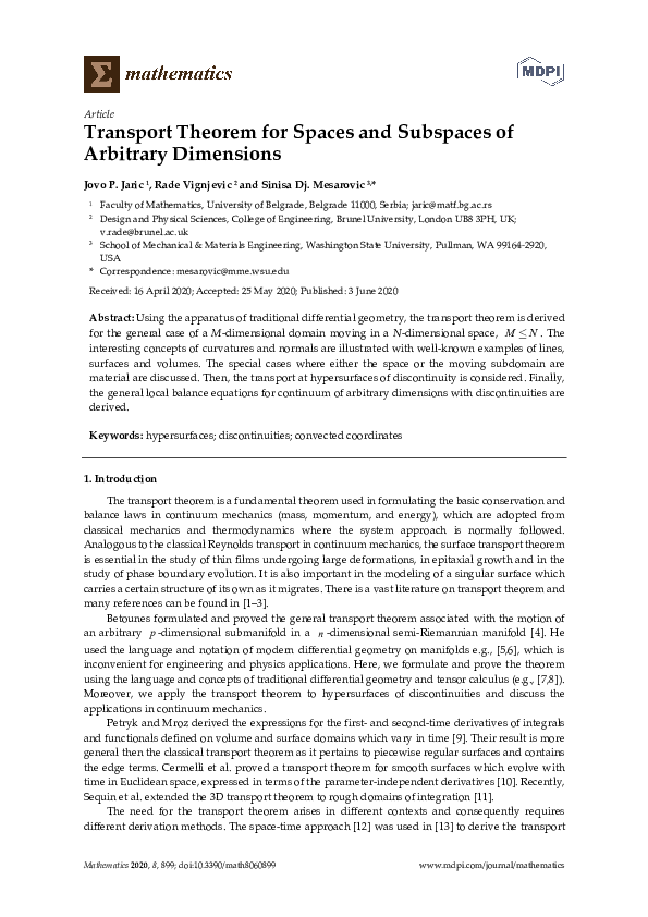 (PDF) Transport Theorem for Spaces and Subspaces of Arbitrary Dimensions