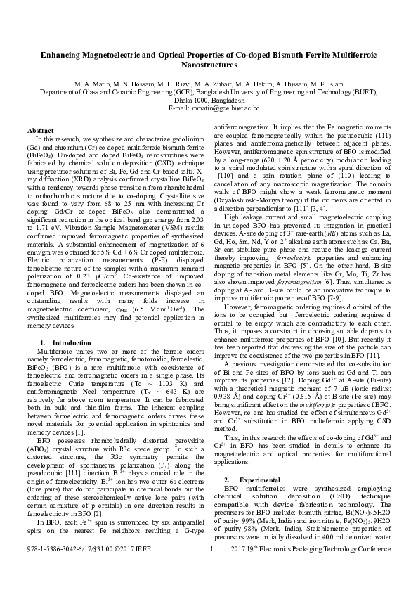 (PDF) Enhancing Magnetoelectric and Optical Properties of Co-doped Bismuth Ferrite Multiferroic ...
