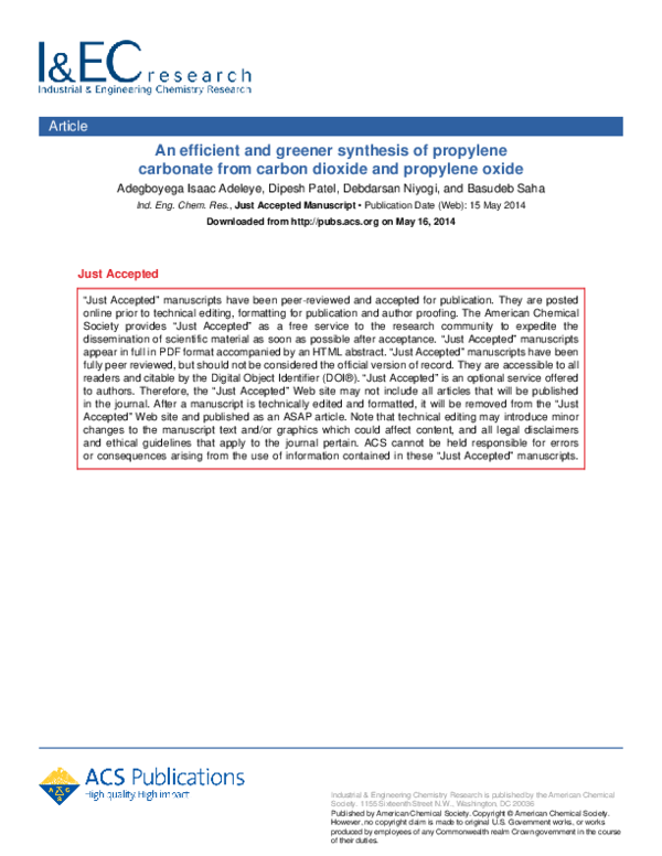 (PDF) An efficient and greener synthesis of propylene carbonate from ...