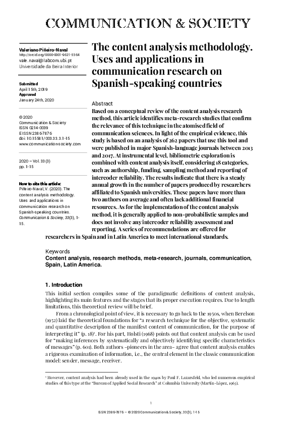 (PDF) The content analysis methodology. Uses and applications in ...