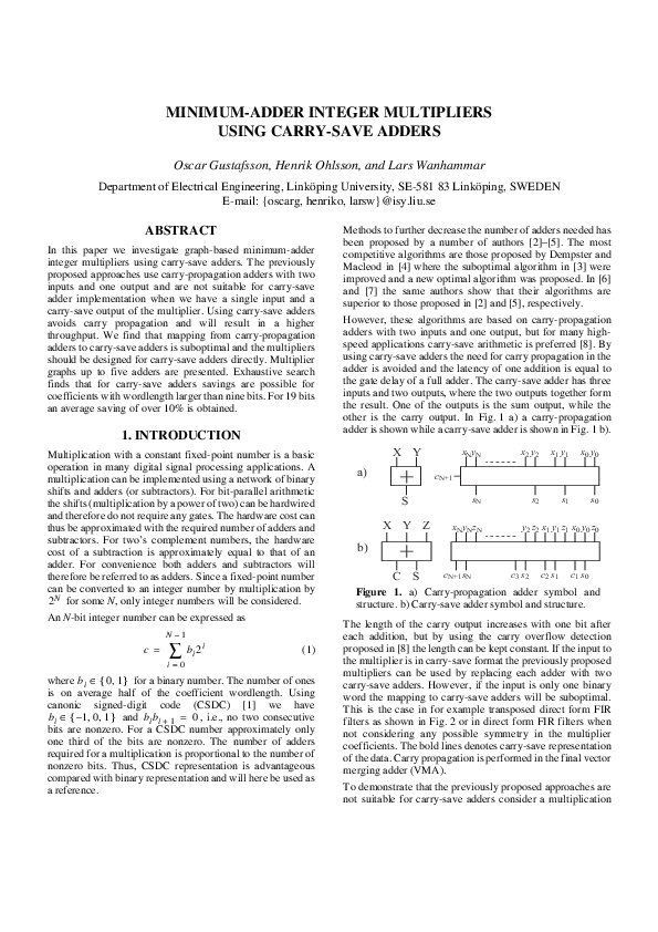 (PDF) Minimum-adder integer multipliers using carry-save adders