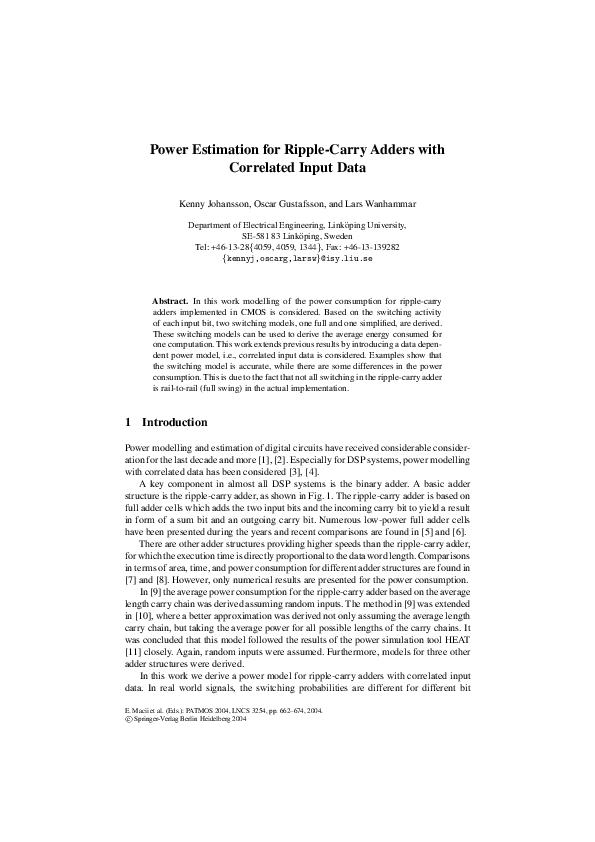 (PDF) Power estimation for ripple-carry adders with correlated input data